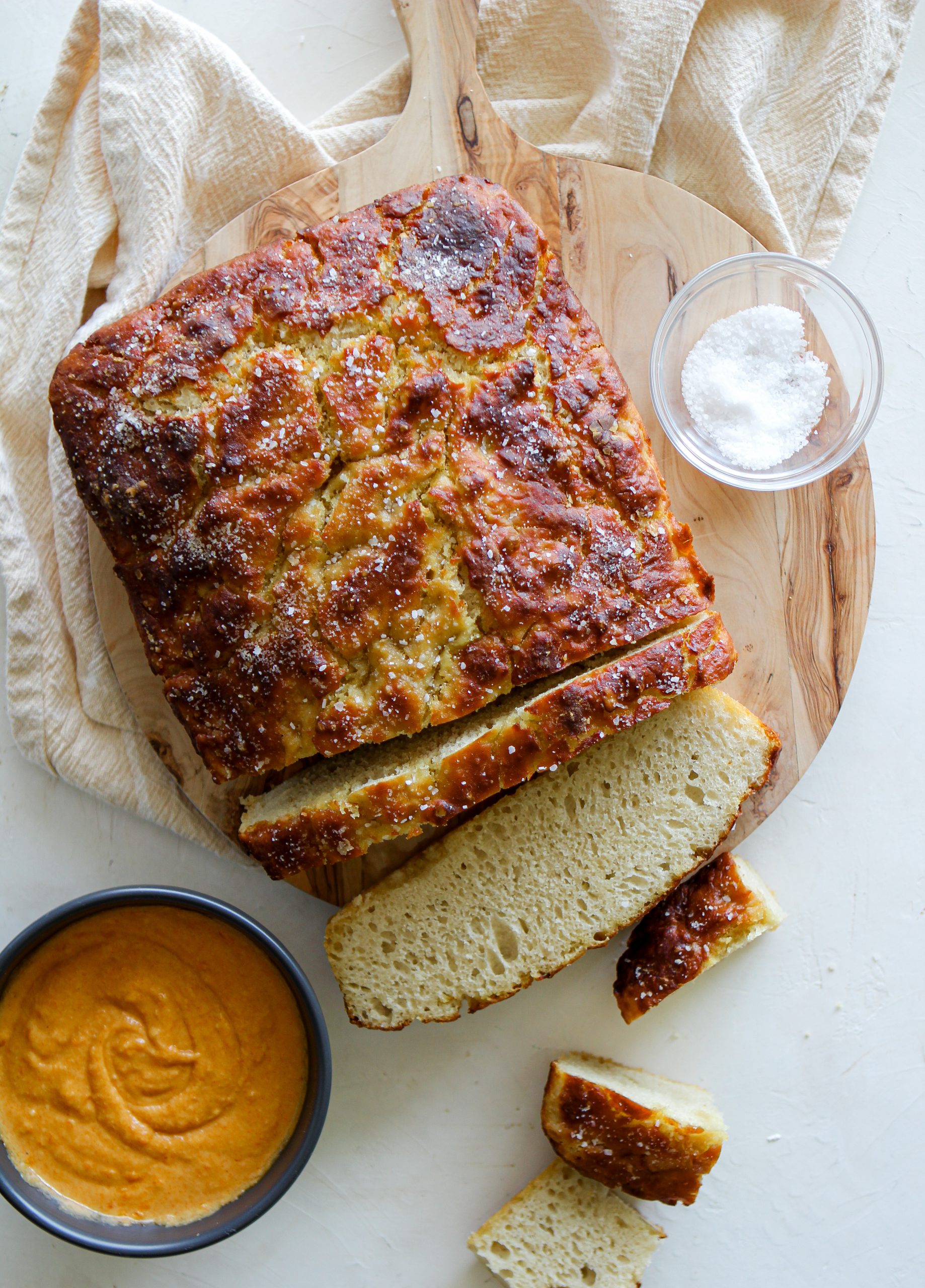 Pretzel Focaccia Bread with Spiced Cheese Dipping Sauce - Mozie