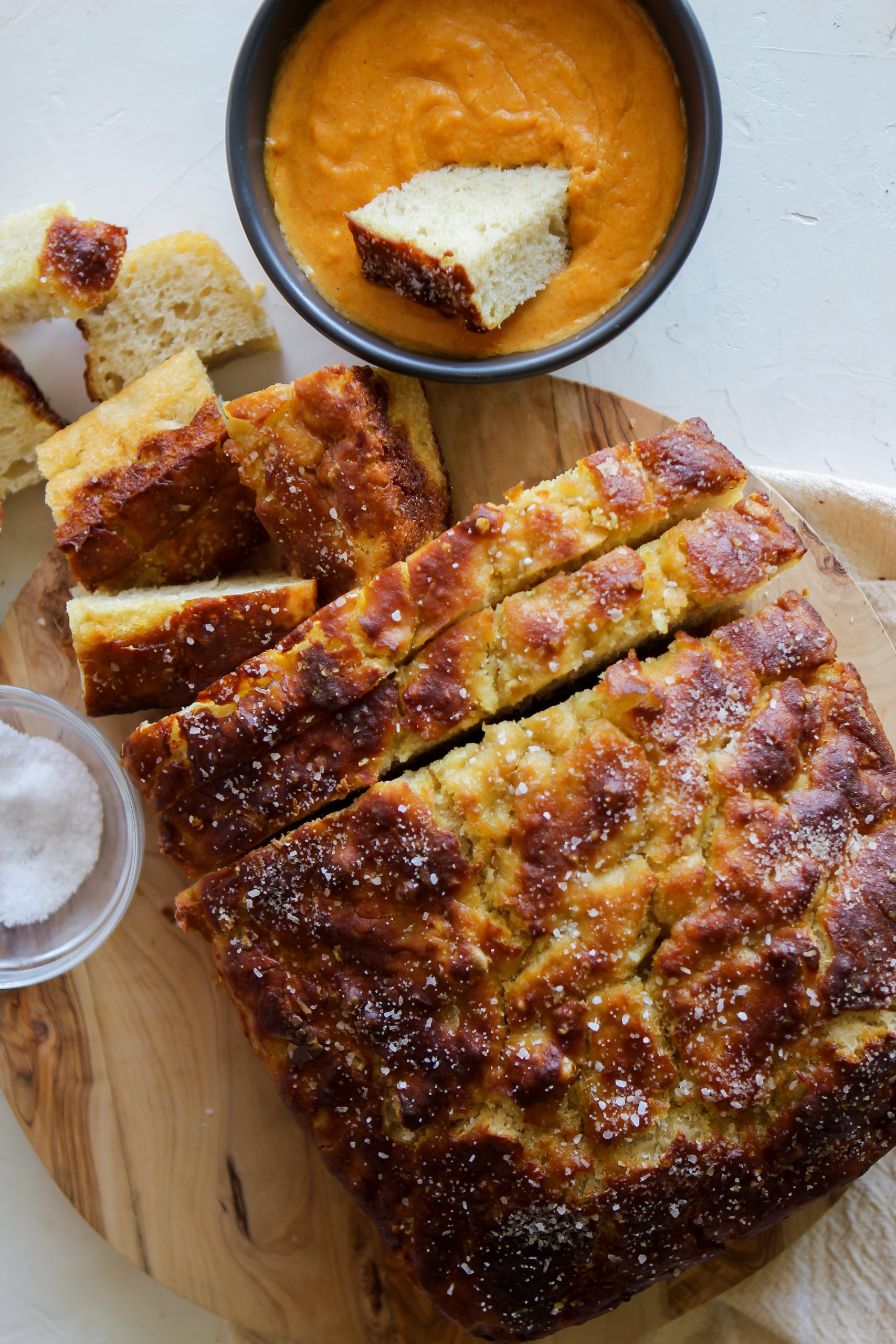 Pretzel Focaccia Bread with Spiced Cheese Dipping Sauce - Mozie