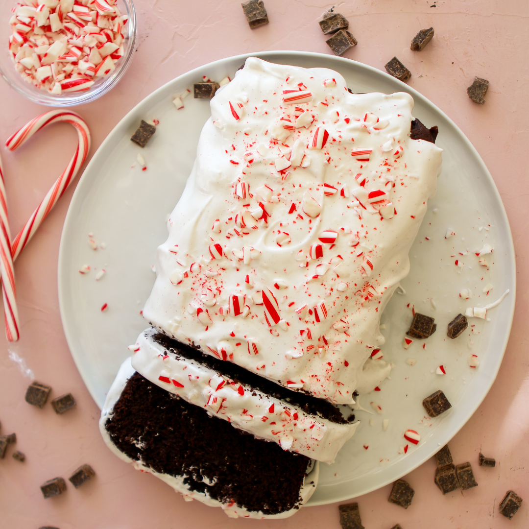 Chocolate Peppermint Loaf Cake with Marshmallow Frosting - Mozie